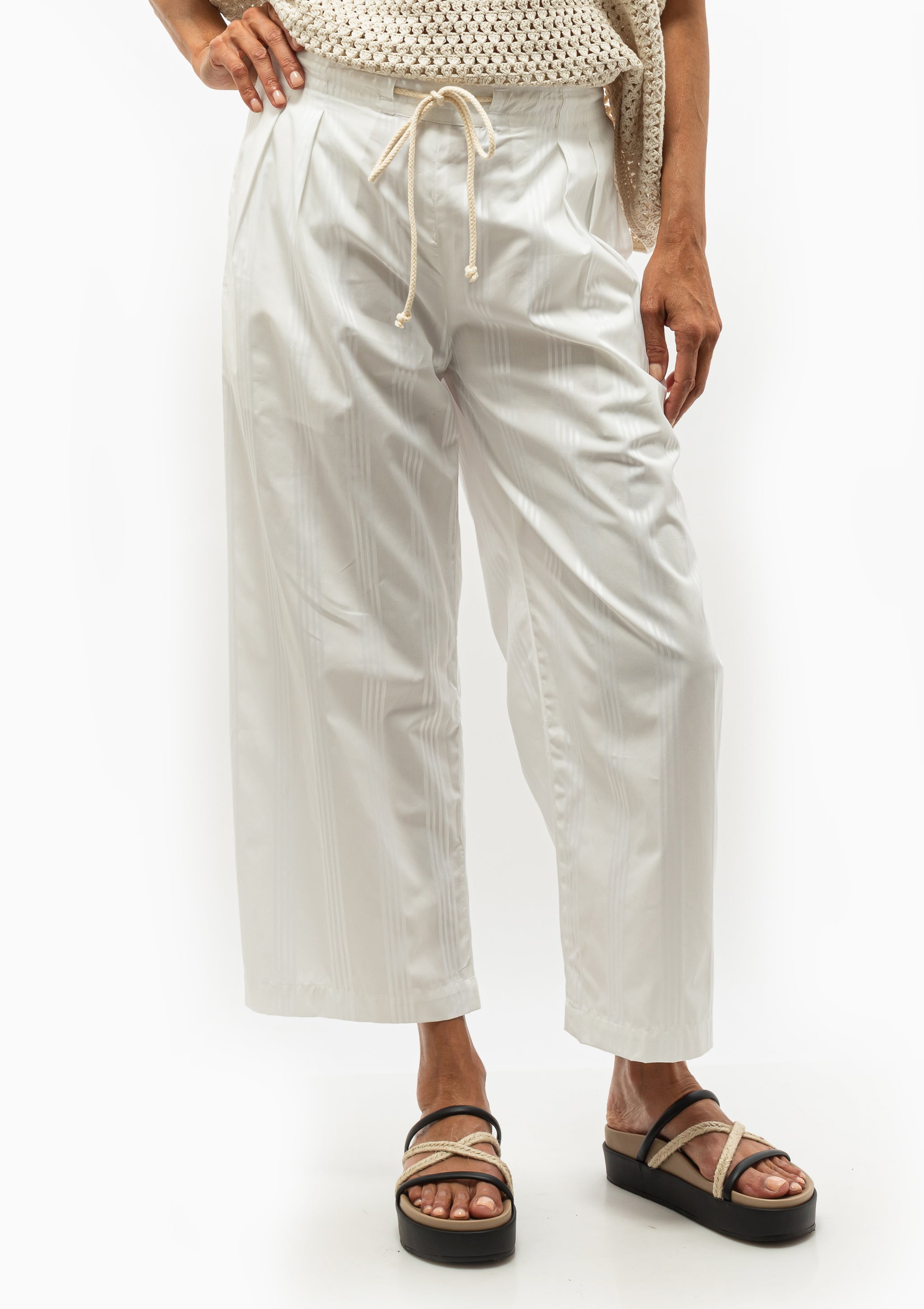 Drawstring Pleat Front Pant | White/White Stripe