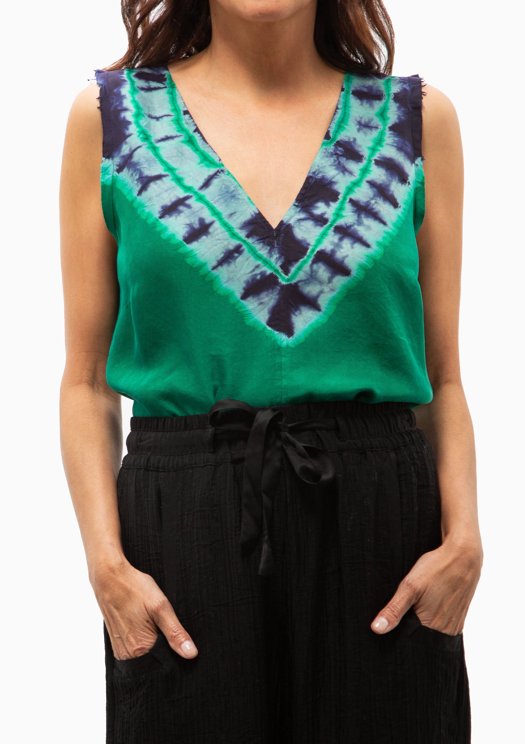 Raquel Allegra | Silk Twill Zane Tank | Green Blue Borderline